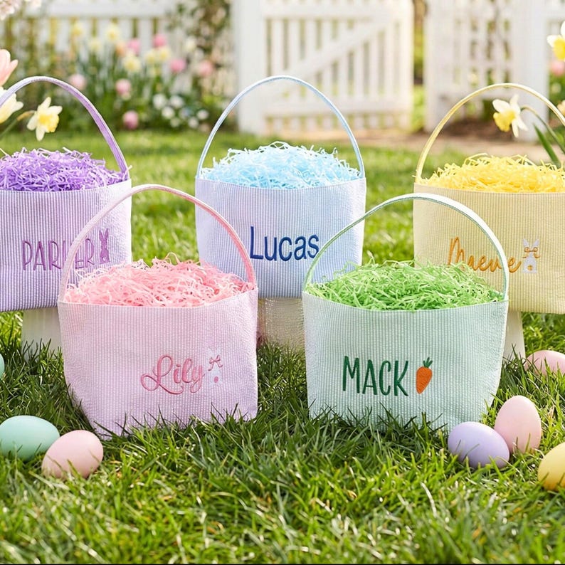 Personalized Easter Basket: Embroidered Seersucker, Custom Name - Etsy