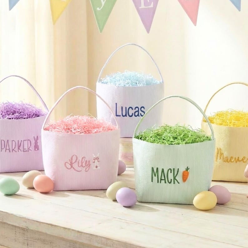 Personalized Easter Basket: Embroidered Seersucker, Custom Name - Etsy