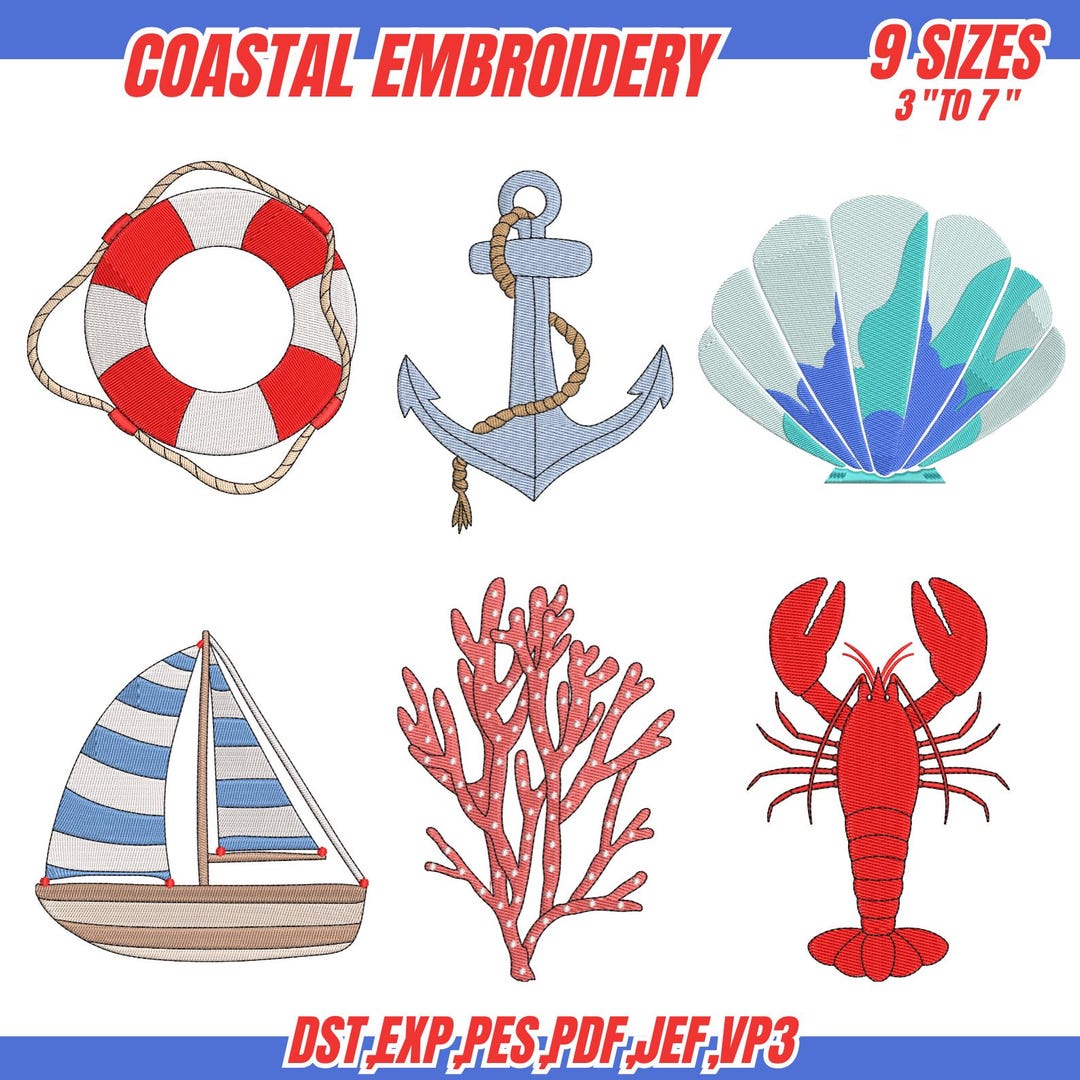 Coastal Embroidery Designs: Nautical Beach Elements (9 Sizes, Digital ...