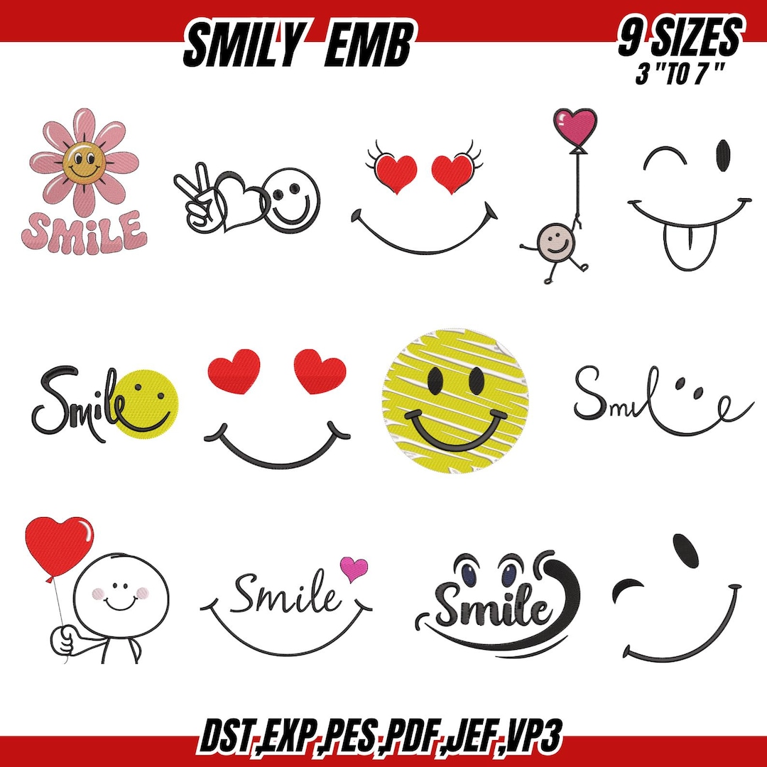 Smile Machine Embroidery Design, Smily Faces Embroidery Pattern, Happy ...