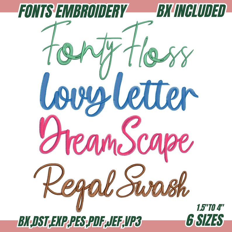 BX Embroidery Font Bundle, 4 Script Styles, 6 Sizes (instant Download ...