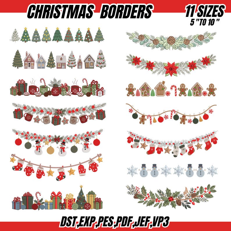 Christmas Borders Embroidery Designs: Holly, Bells, Trees, Snowmen ...