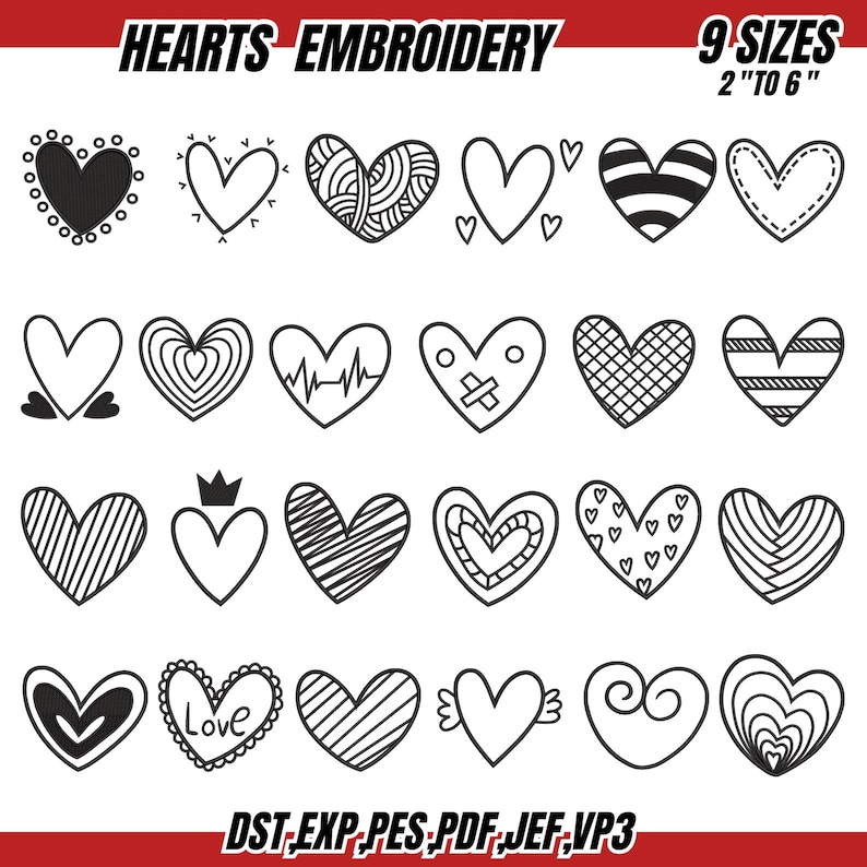 Hearts Embroidery Designs Bundle, Hearts Embroidery Pack, Black Hearts ...