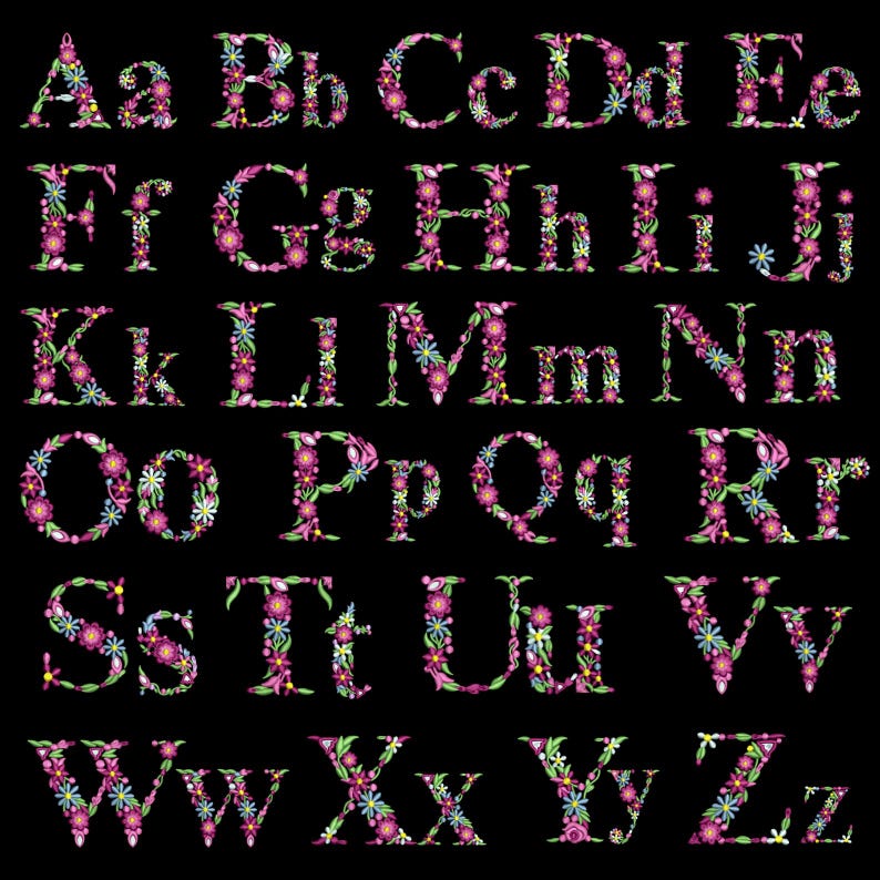 Floral Embroidery Font: A-Z Machine Embroidery Designs (digital ...