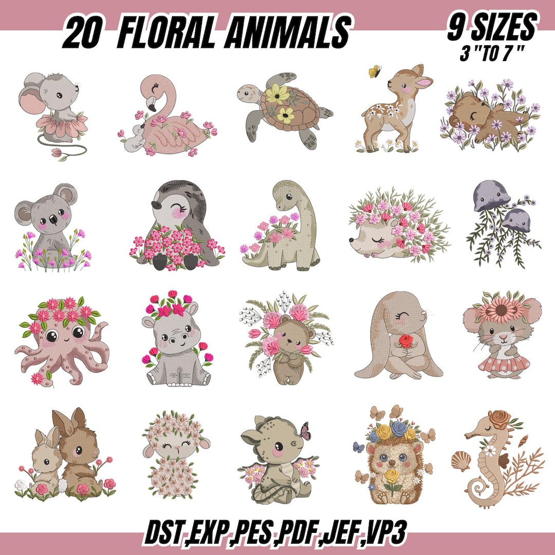 20 Animals Embroidery Bundle, Zoo Animal With Flowers Machine ...