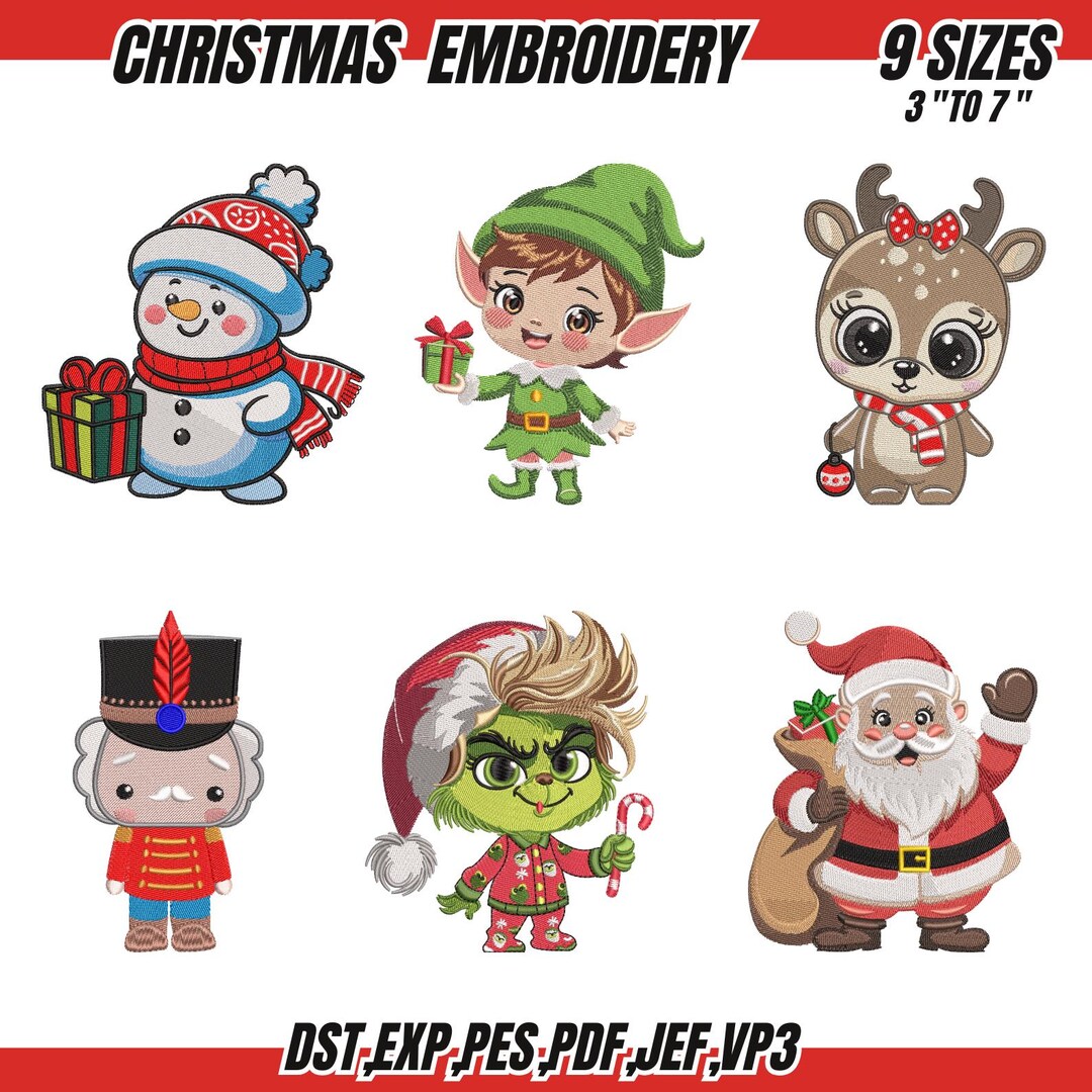 Christmas Characters Embroidery Design Set – Santa, Elf, Grinch ...