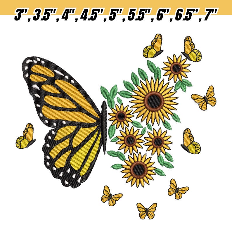 Sunflower Embroidery Design: Butterfly, Honeybee, Floral Garden (9 ...