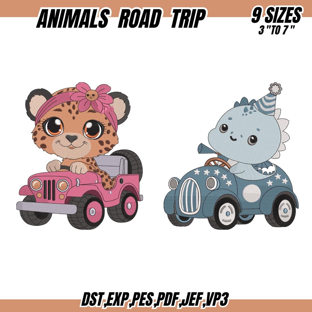 Animals Road Trip Cute Car Embroidery Design, Cute Animals Embroidery ...