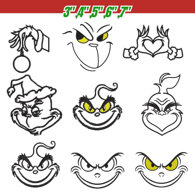 Grinch Outline Embroidery Design Bundle, Christmas Patterns (5 Sizes ...