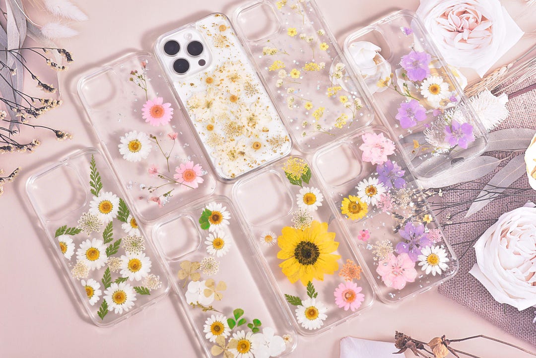 Pressed Flowers Case for iPhone 16 15 14 13 12 11 8 7 Pro Max, Natural ...