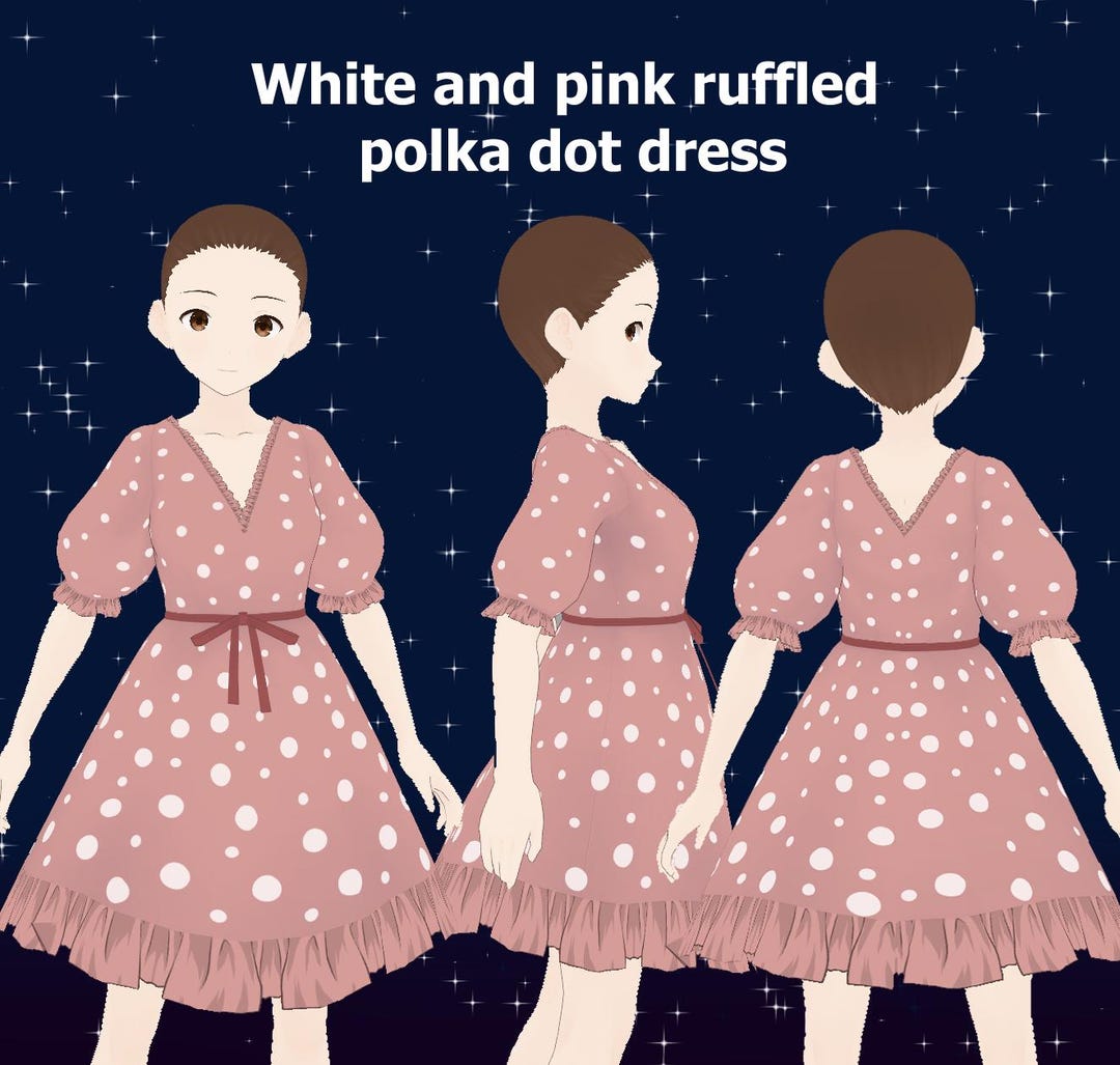 Vroid Pink With White Polka Dot, Ruffle Dress - Etsy