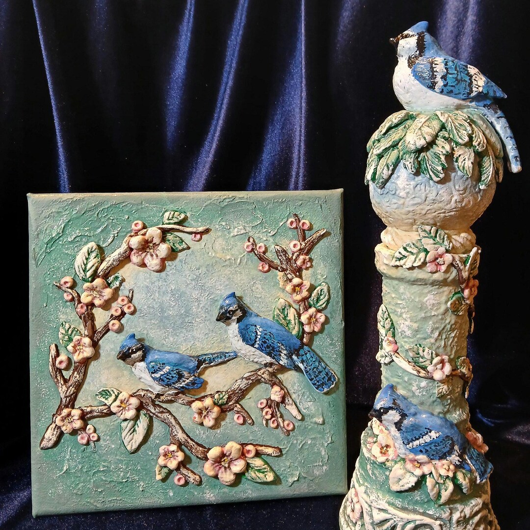 Handmade Blue Jay Decor Set, 3D Painting and Sculpted Birds on Flower ...