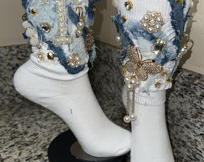 Custom Denim and Pearl Charm/junk Socks - Etsy