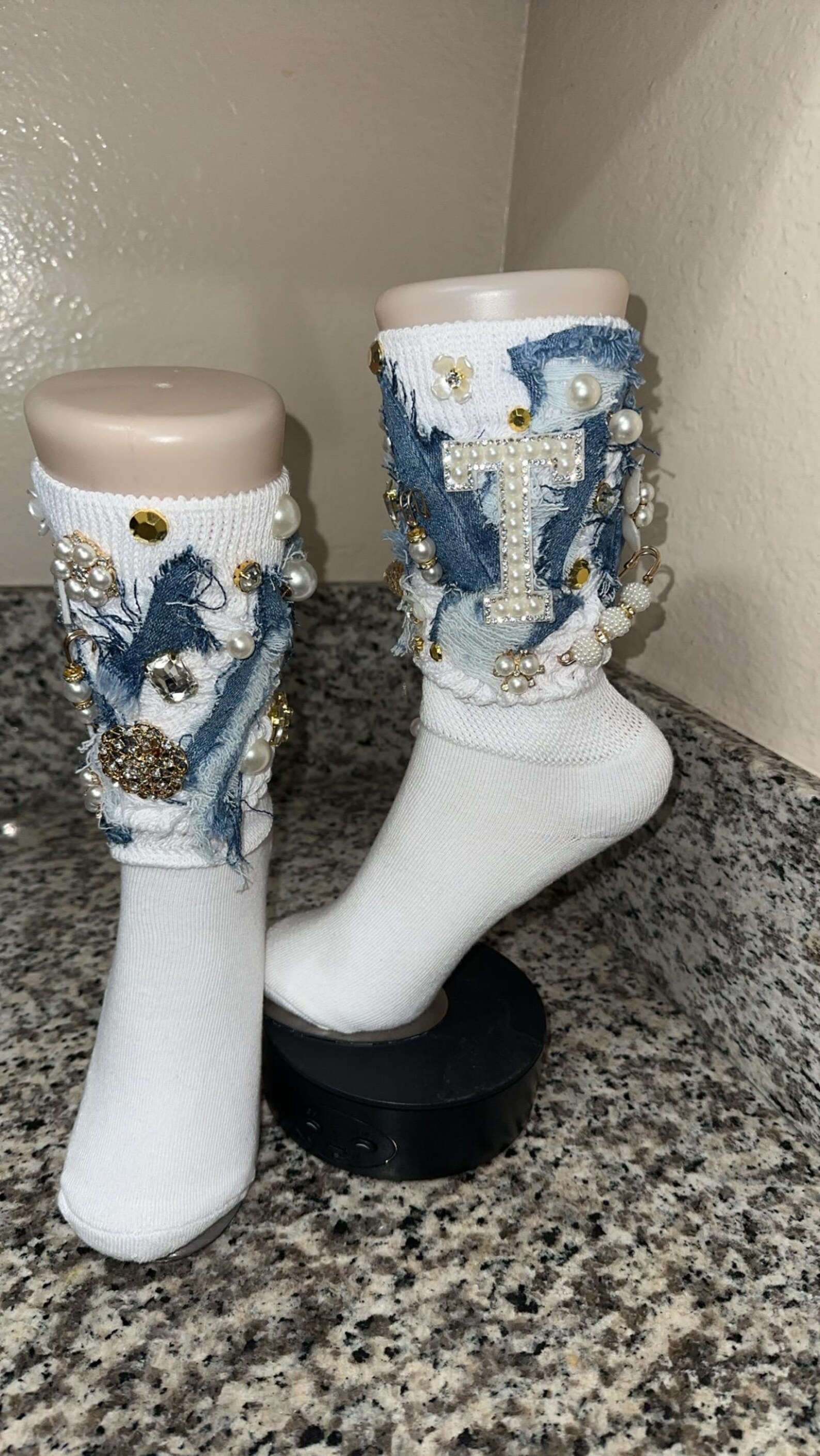 Custom Denim and Pearl Charm/junk Socks - Etsy