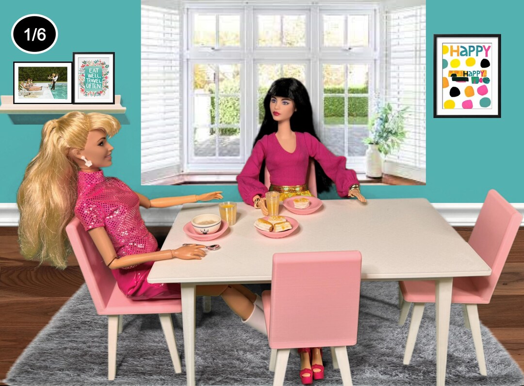 1:6 Dining Set With WHITE Tabletop and WHITE Legs With PINK Chairs and ...