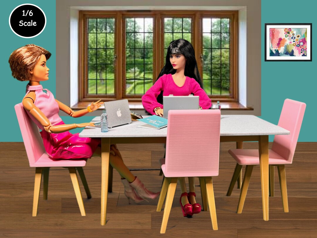 1:6 Dining Set With MARBLE Color Tabletop and 4 PINK Chairs for Barbie ...