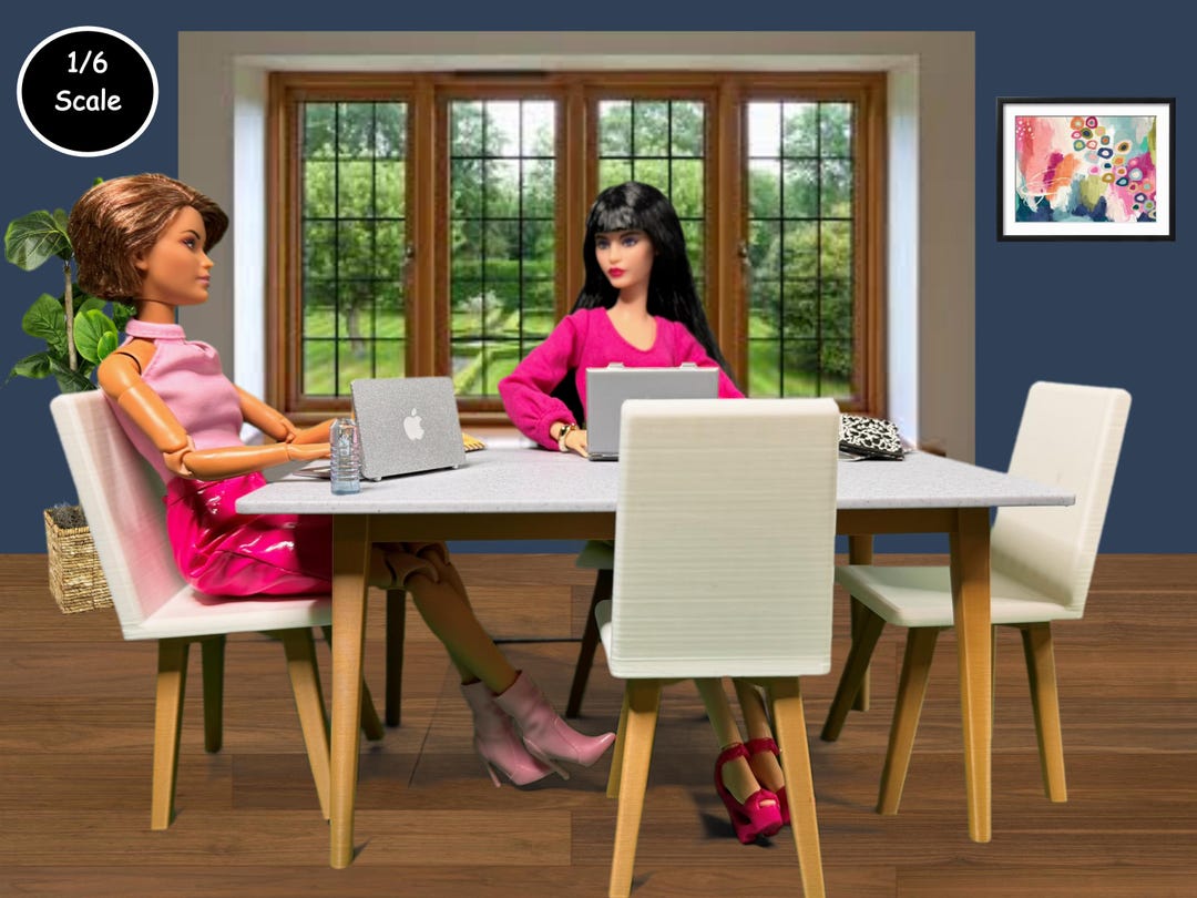 1:6 Dining Set With MARBLE Color Tabletop and 4 WHITE Chairs for Barbie ...