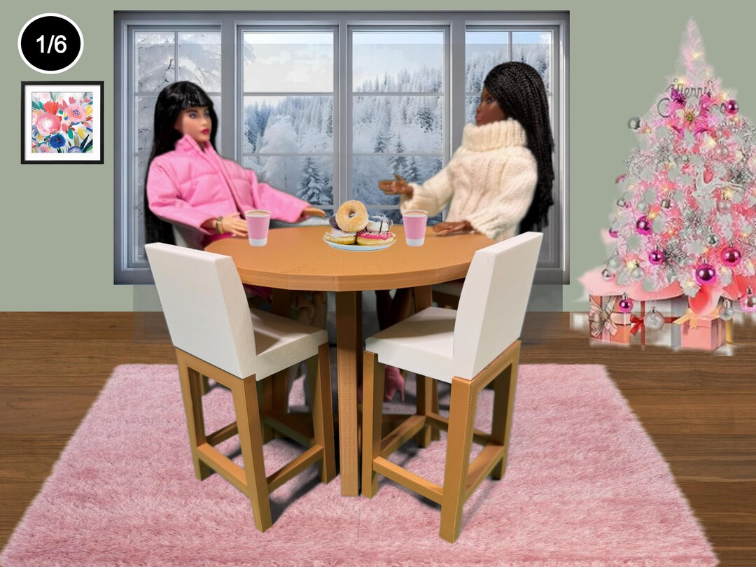 Barbie BEIGE High-top Table With 4 WHITE Bar Stools for Barbie & 11 1/2 ...