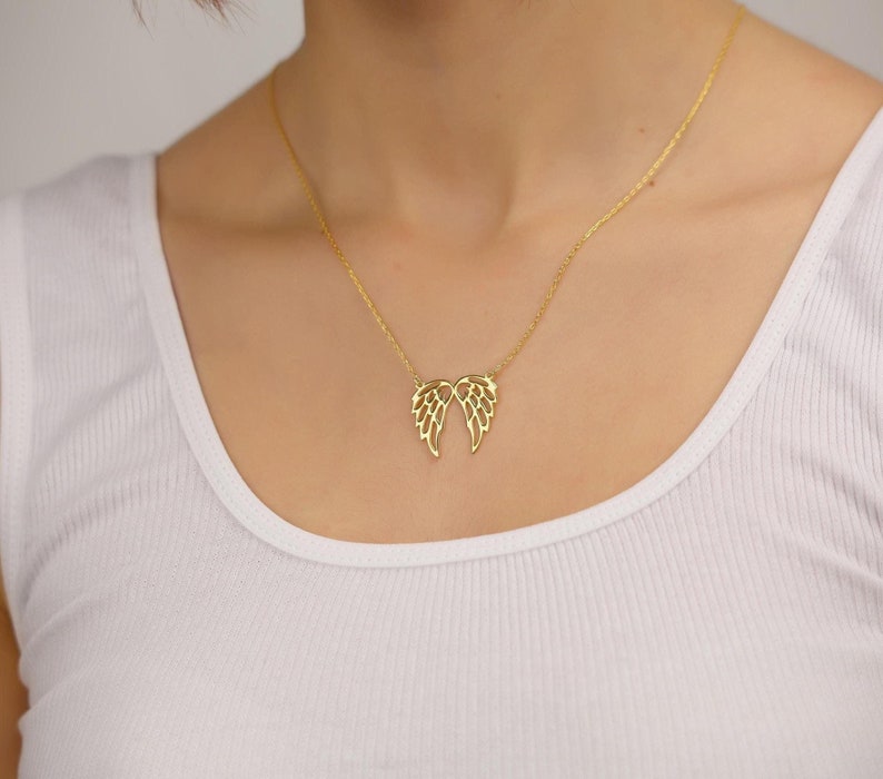 14k Solid Gold Angel Wings Necklace, Angel Wing Pendant | Angel Wing ...
