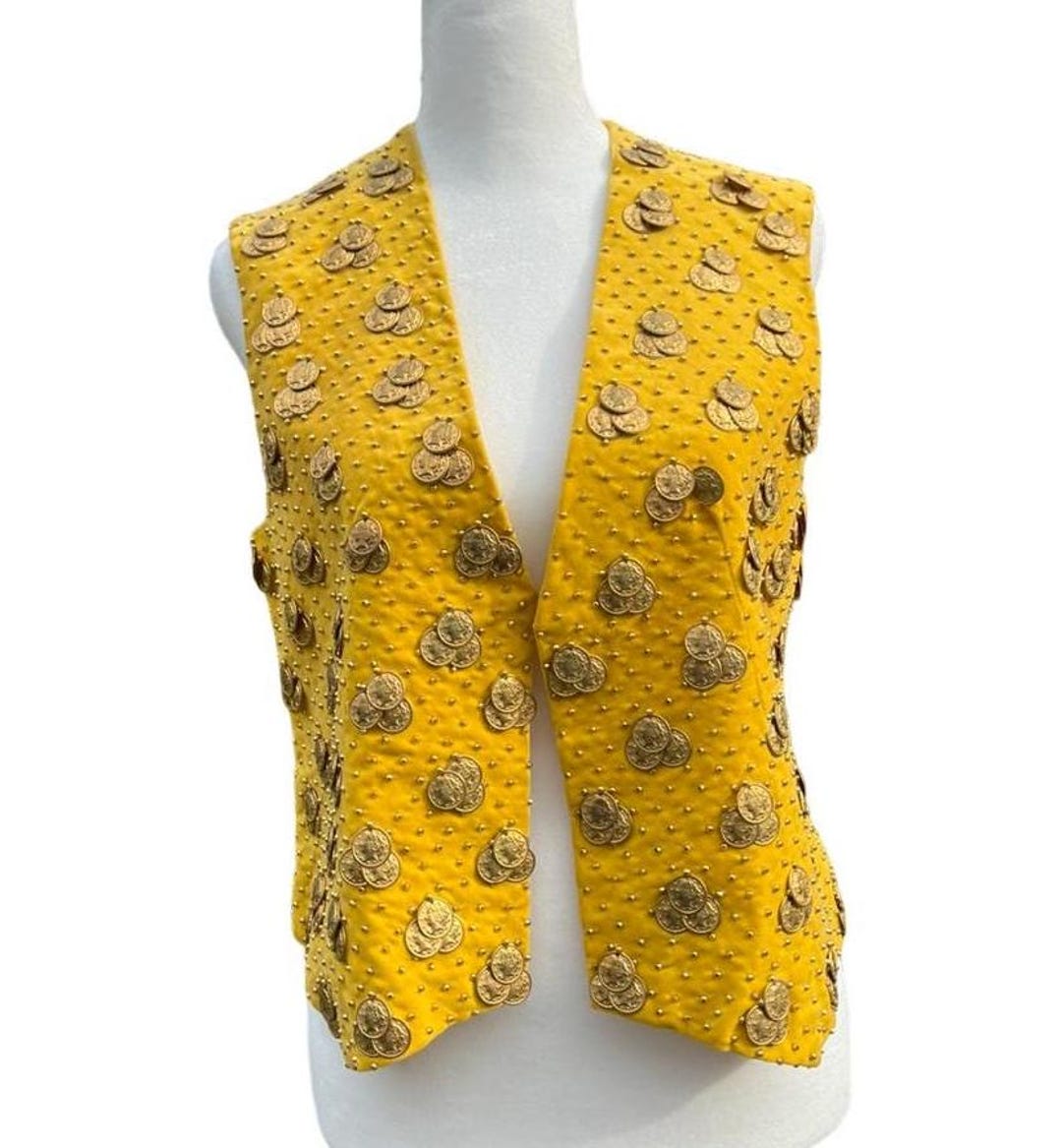 ADOLFO Velvet Lined Vest With Gold Coins Bright Party Eclectic Boho ...