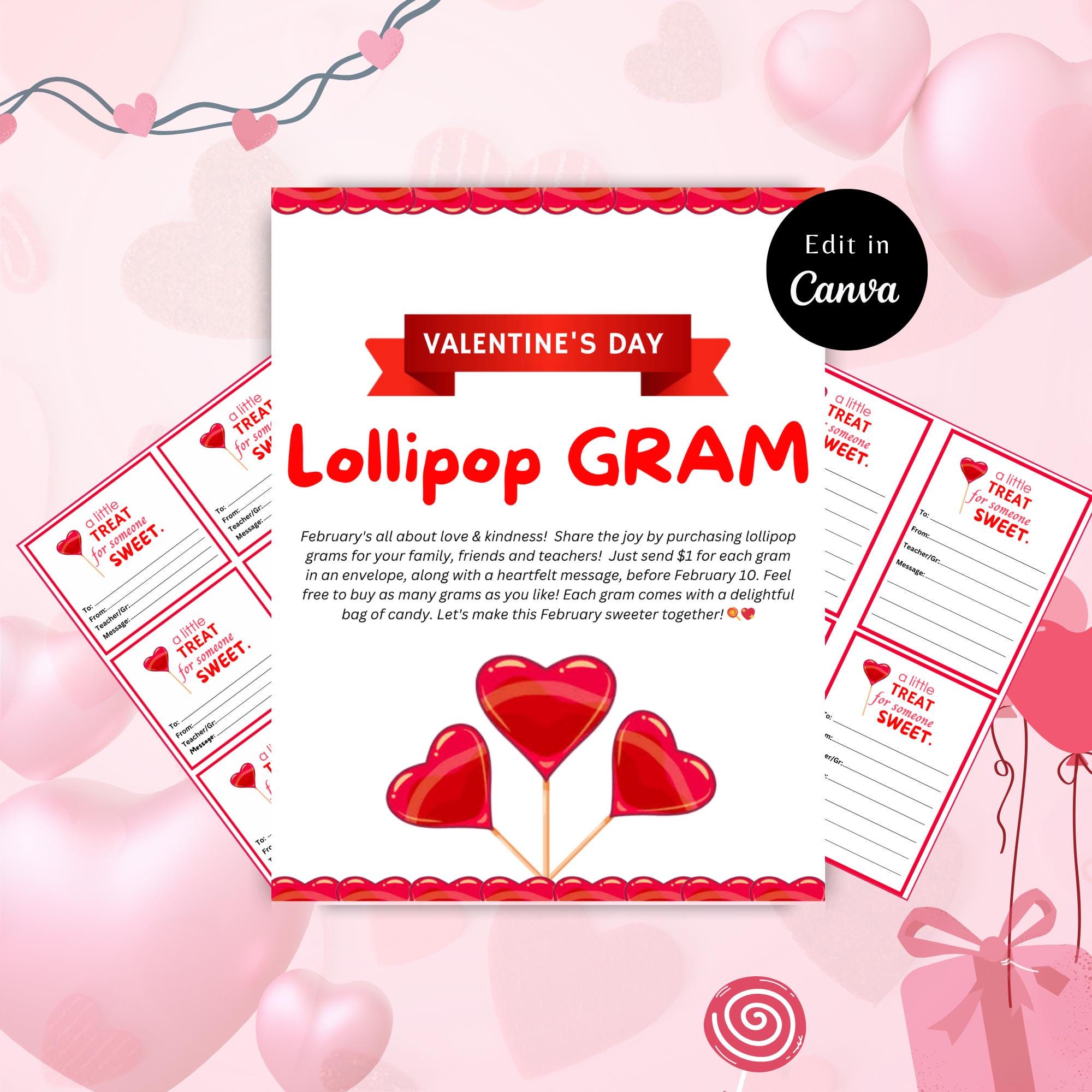 EDITABLE VALENTINES DAY Lollipop Gram, Valentine's Grams, Candy Grams ...