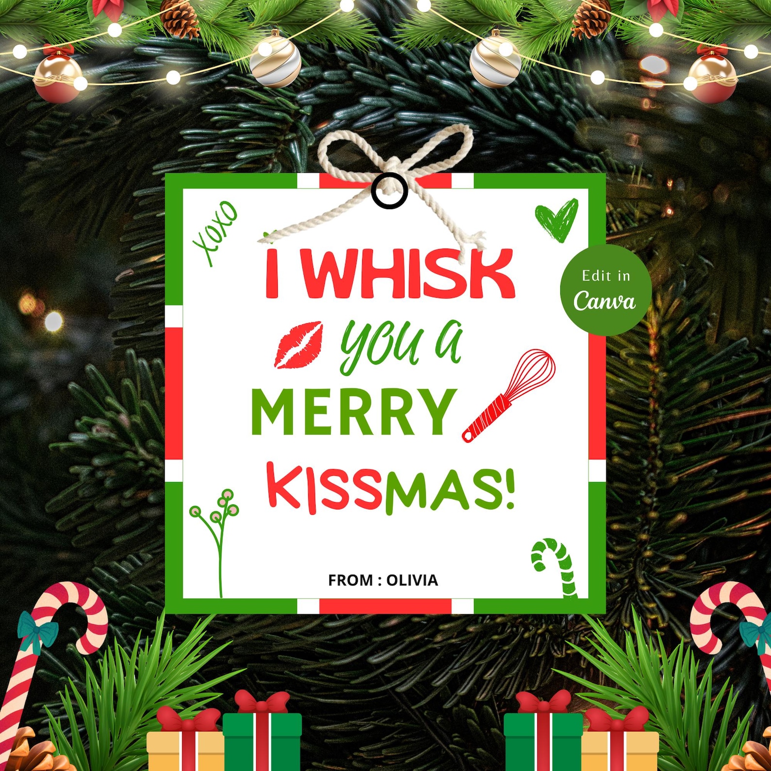 Editable I Whisk You A Merry KISSMAS Tag, Christmas Baking Gifts, Sweet Whisk and Hershey Kisses ...