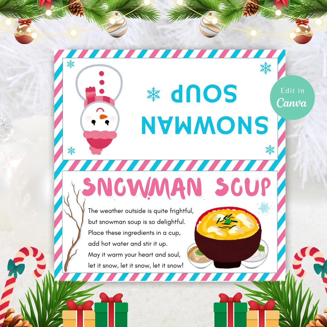 Editable SNOWMAN SOUP Gift Tags, Fun Treat Bag Topper for Kids, Instant ...
