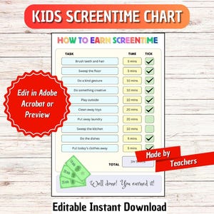 Kids Printable Screentime Chart Chore Chart - Fun, Customisable! With ...