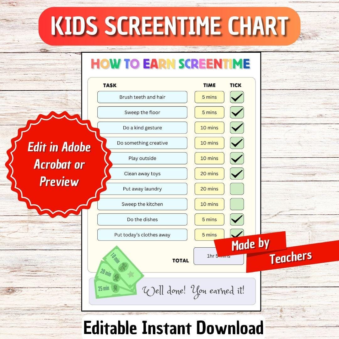 Kids Printable Screentime Chart Chore Chart - Fun, Customisable! With ...