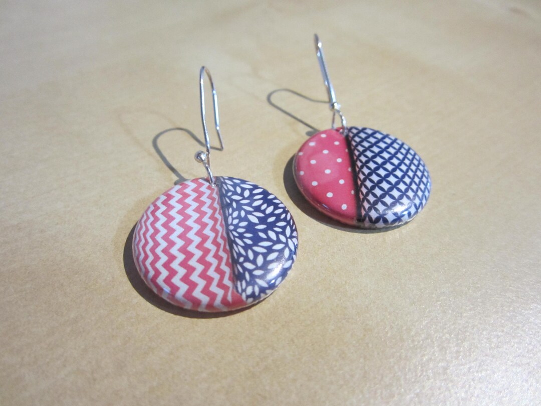 Swatches in Red & Blue • Button Earrings #1 • Upcycled Fabric ...