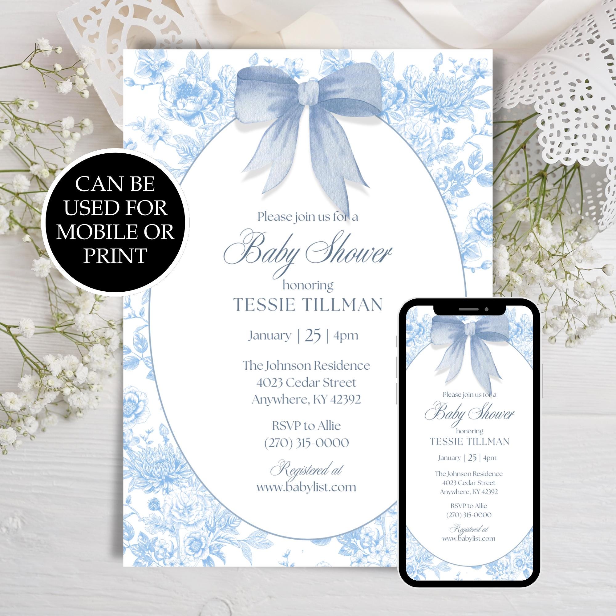 Blue Bow Baby Shower Invitation Template, Customizable Canva Template ...