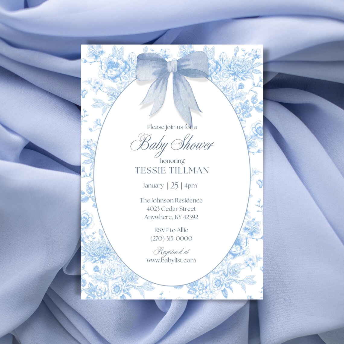 Blue Bow Baby Shower Invitation Template, Customizable Canva Template ...