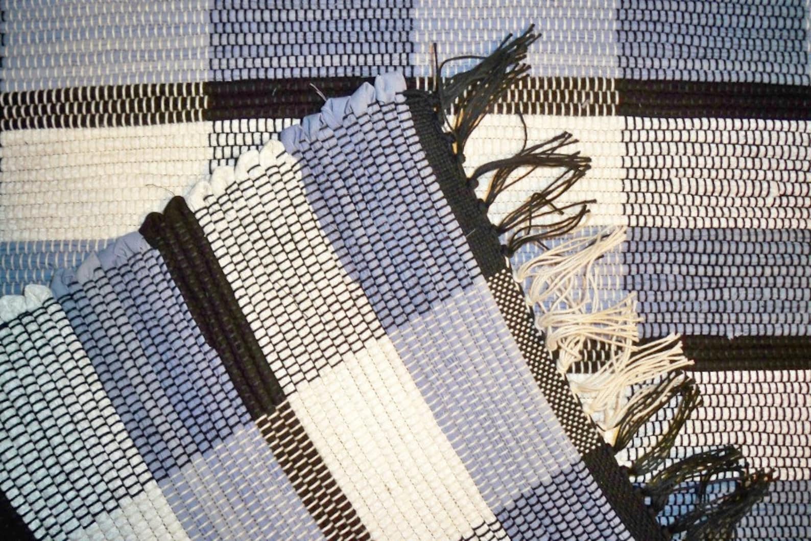 Handwoven 100% Cotton Rag Rug - Blue, White, Black -- (inv.id #01-0291 ...