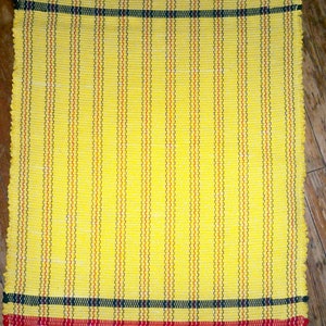 Handwoven Sunny Yellow Rag Rug W/ Navy, Red, Green Stripes - Inv. ID#04 ...