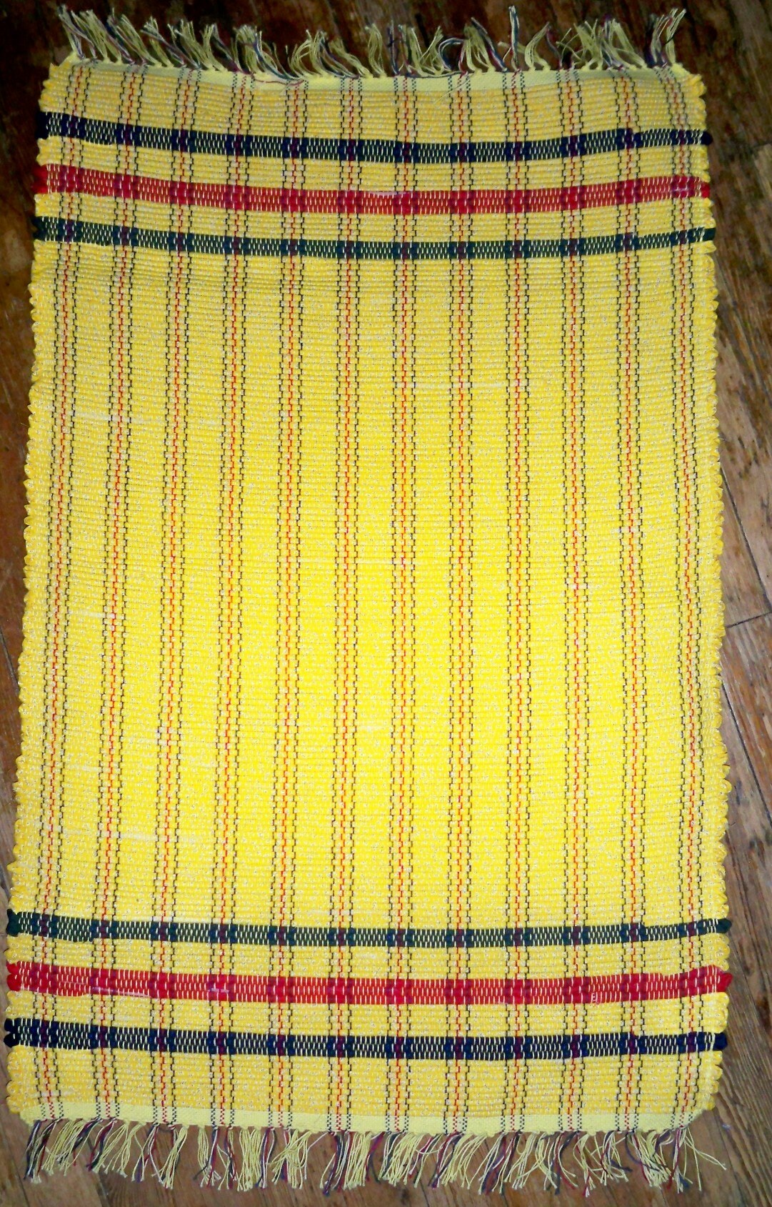 Handwoven Sunny Yellow Rag Rug W/ Navy, Red, Green Stripes - Inv. ID#04 ...