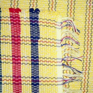 Handwoven Sunny Yellow Rag Rug W/ Navy, Red, Green Stripes - Inv. ID#04 ...