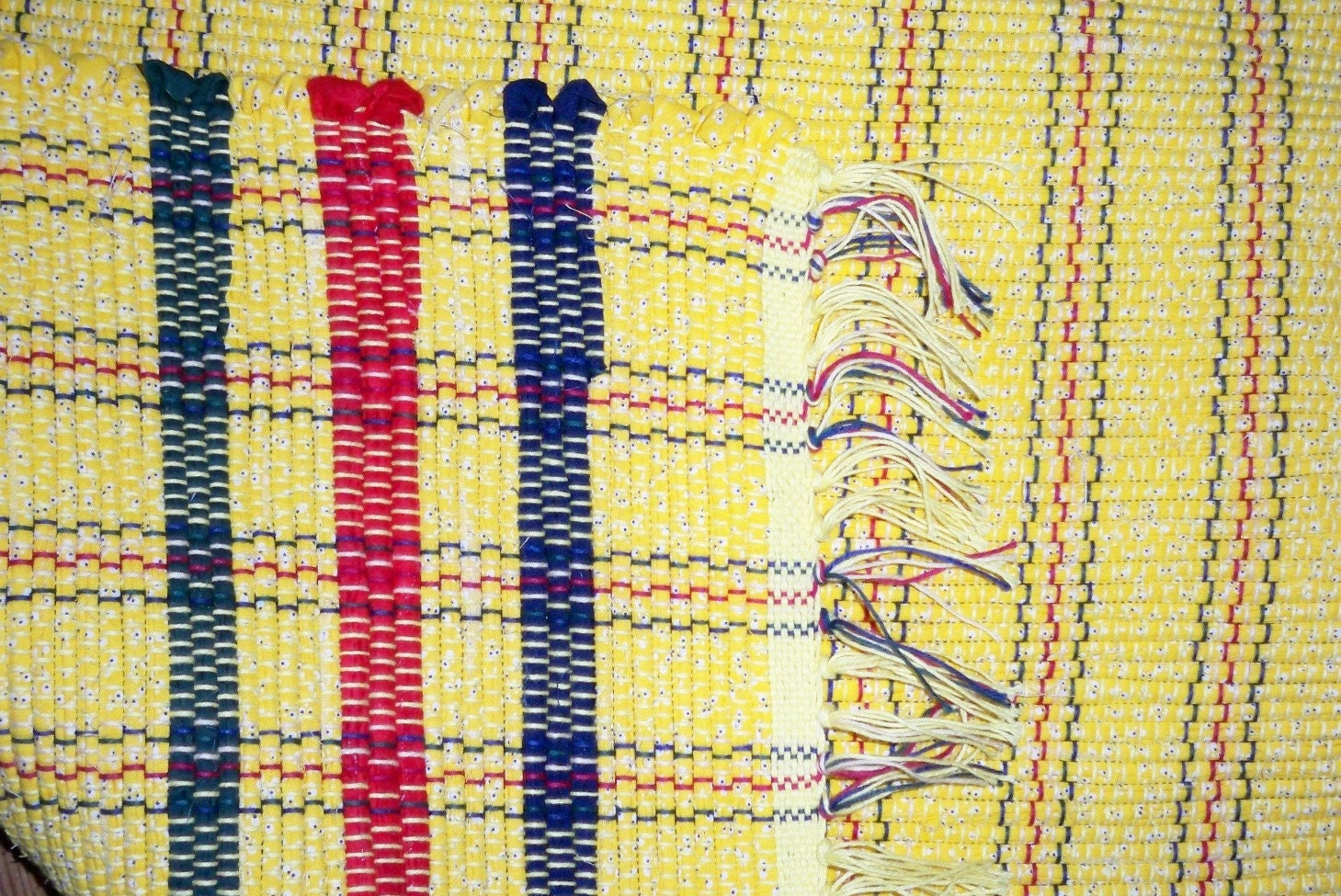 Handwoven Sunny Yellow Rag Rug W/ Navy, Red, Green Stripes - Inv. ID#04 ...