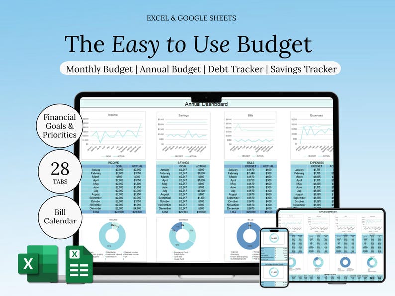 Budget Spreadsheet Template | Annual & Monthly Budget Planner | Expense ...