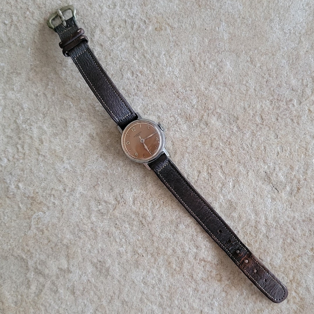 Vintage Wrist Watch Copper Dial Imperial Womens Brown Leather Band ...