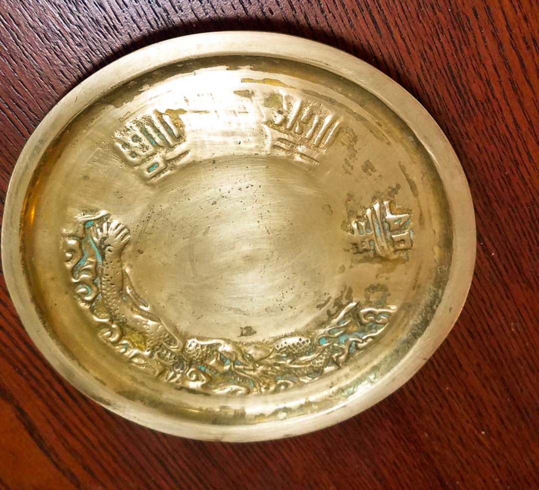 Asian Brass Tray Trivet Dragons Round Embossed Decorative Asian ...