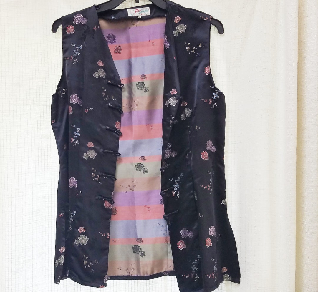 Asian Vest Oriental Silk Vest Black Floral Frog Closure Roses Purple ...
