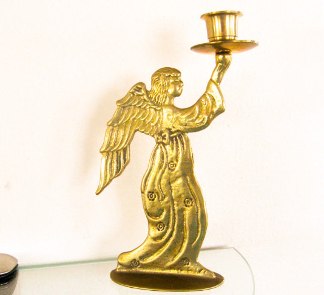 Vintage Brass Angel Candle Holder Metal Winged Angel Figurine Holiday ...