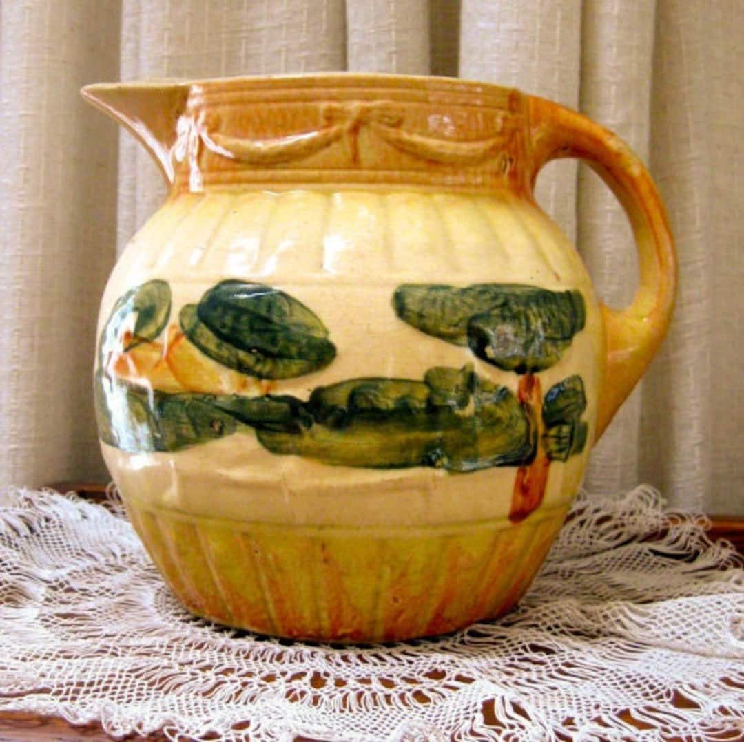 Vintage Roseville Pottery Pitcher Landscape Art Pottery Yellow Ware ...