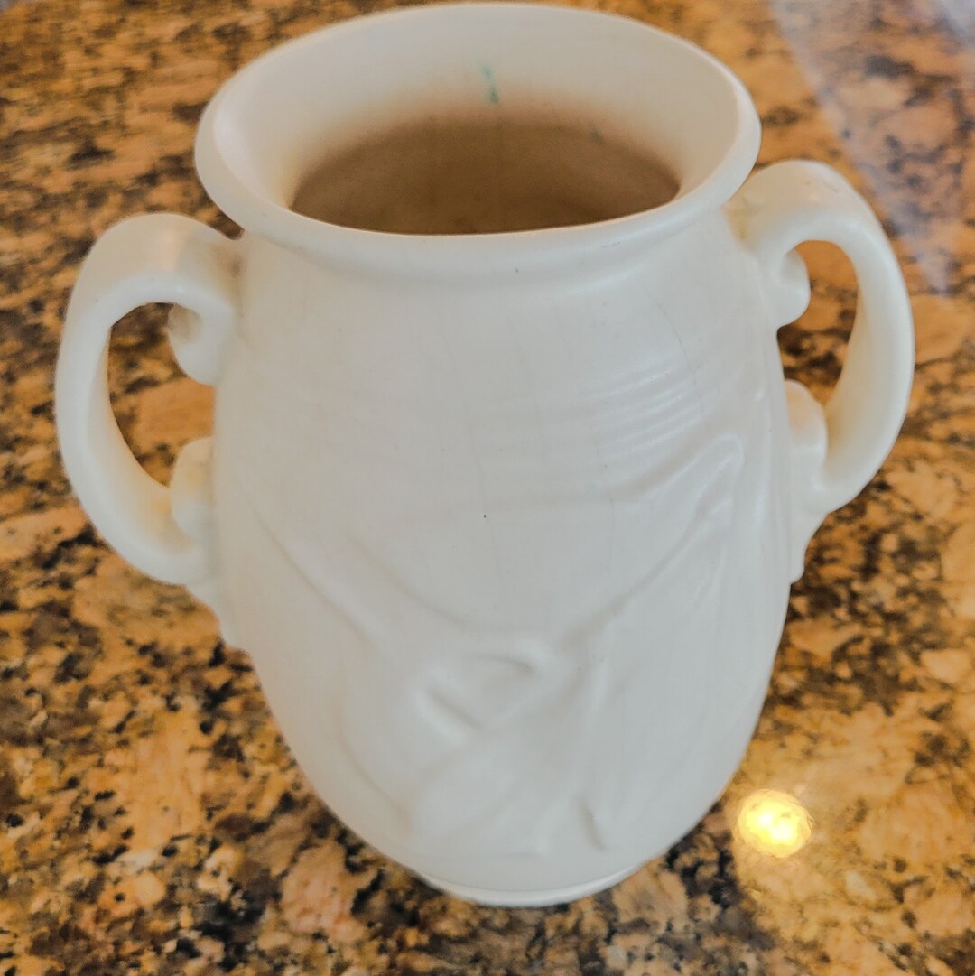 Vintage Mccoy Vase Pottery Stoneware Matte Embossed Ivory Cream White ...