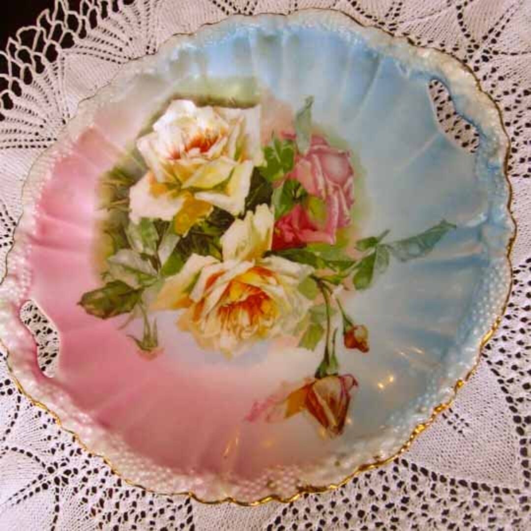 Vintage RS Prussia Bowl Decorative Roses Open Pierced Handles Stipple ...