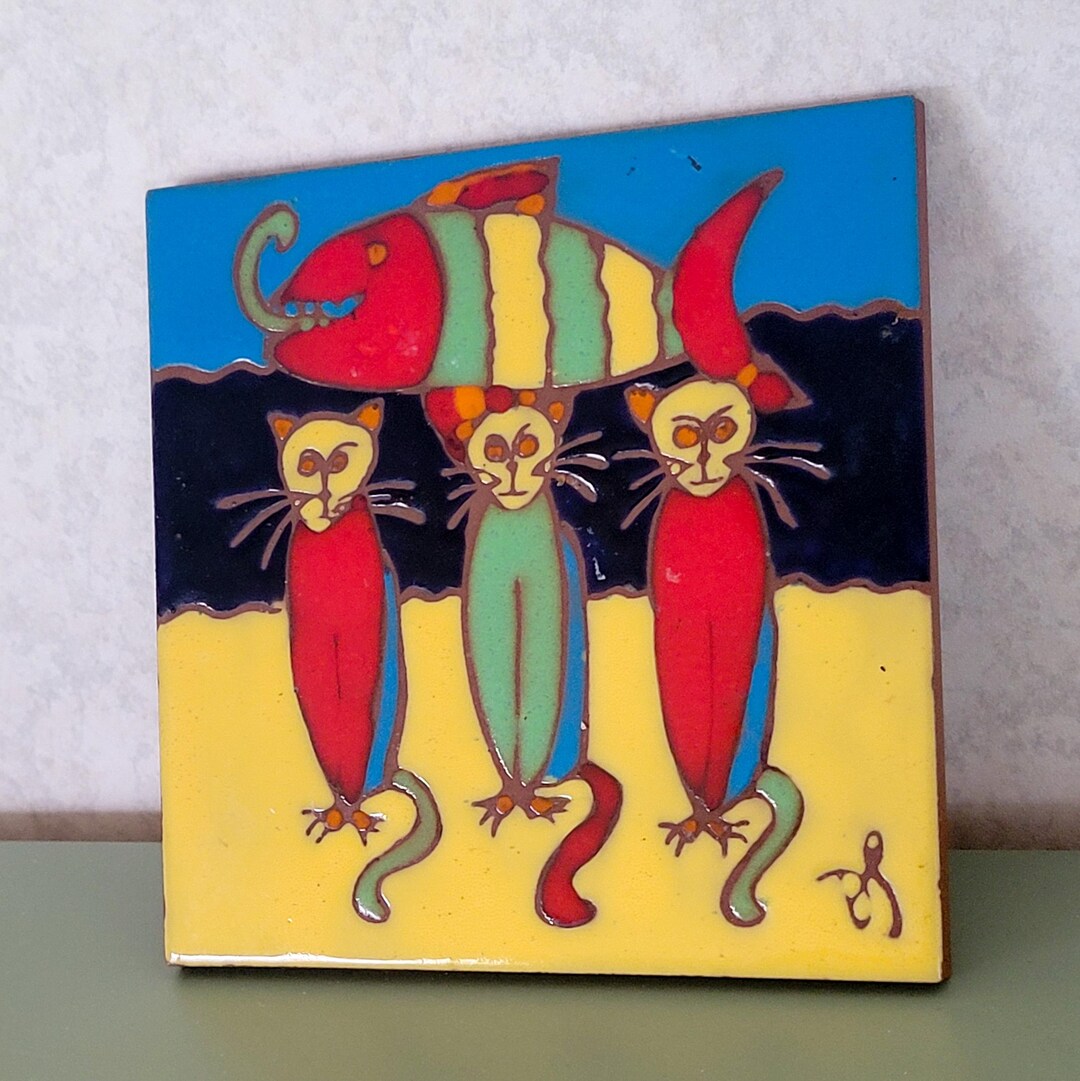 Cat Decorative Tile Ceramic Cats Fish Colorful Red Gold Blue Vintage ...