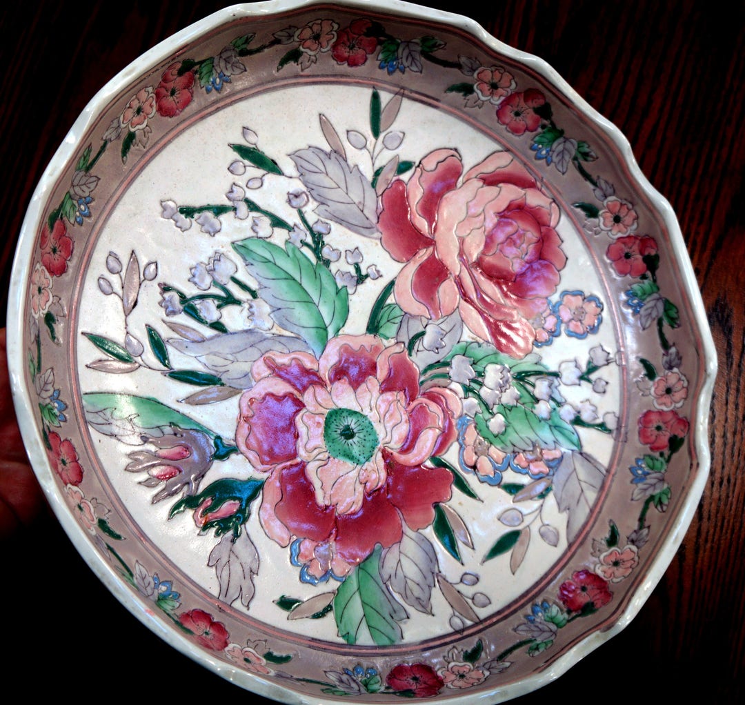 Cabbage Rose Bowl Dish Floral Ceramic Roses Pink Round Textured ...