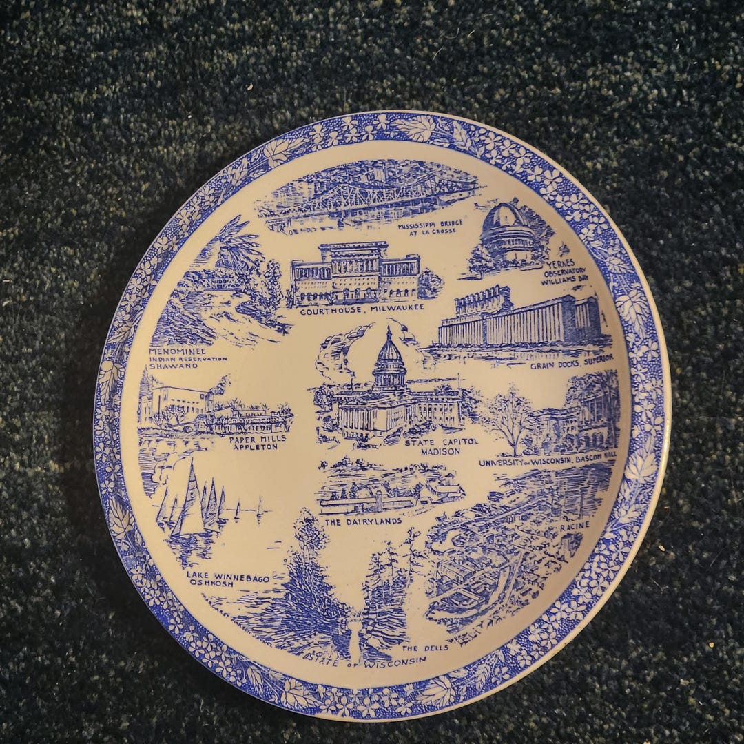 Wisconsin Collector Souvenir Plate State Landmarks Vernon Kilns Blue ...