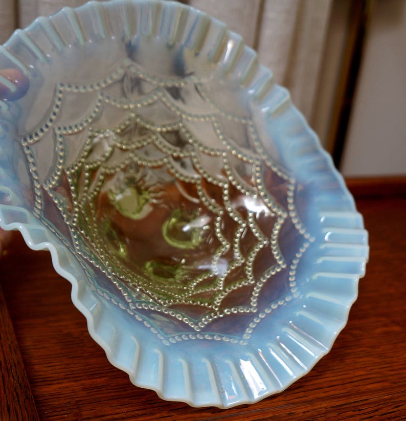 Vintage Opalescent Glass Bowl Beaded Drape Northwood Green - Etsy