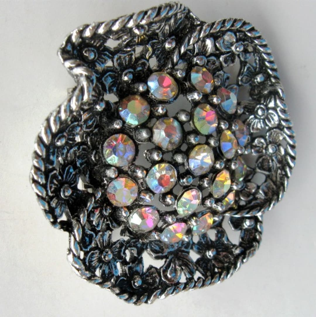 Vintage Aurora Borealis Pin Rhinestone Circle Statement Piece Floral ...